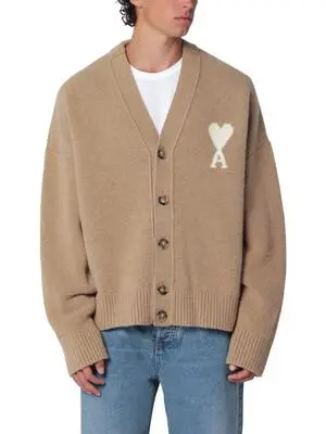 AMI Paris De Coeur Cardigan In Alpaca Blend - Beige