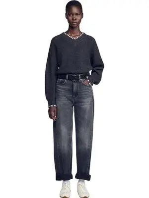 Sandro Rib Knit Sweater With Contrast Trim - Grey
