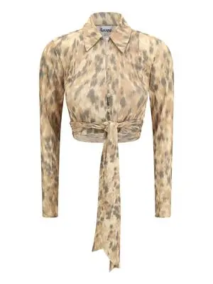 GANNI Printed Marl Mesh Tie Blouse - Cream