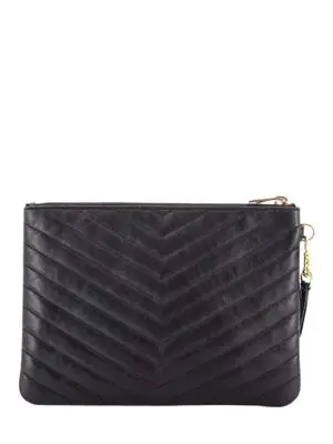 Saint Laurent Classic Monogram Wristlet Pouch Matelasse Chevron Leather Small Clutch Bag - Black