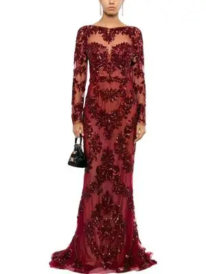 Zuhair Murad Beaded Lace Fishtail Gown - Red