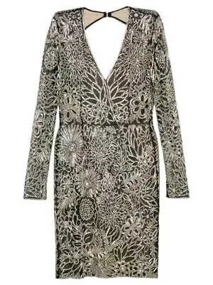 Naeem Khan Floral Beaded V-neck Dress - Black