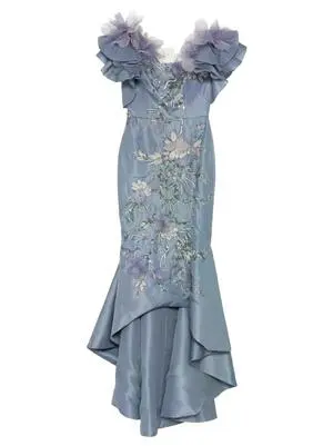 Marchesa Off-shoulder Crystal-embroidered Gown - Blue