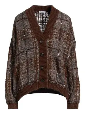Brunello Cucinelli Sequined Checked Tweed V-neck Long-sleeved Shirt - Brown