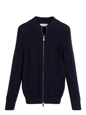 Brunello Cucinelli Ribbed Zip-up Cardigan - Navy Blue