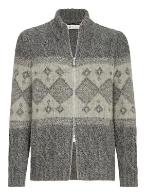 Brunello Cucinelli Virgin Wool, Silk And Cashmere Chiné Cable Knit Cardigan With Intarsia - Cerulean