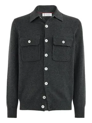 Brunello Cucinelli Cashmere Shirt-style Cardigan With Chest Pockets - Stone Gray