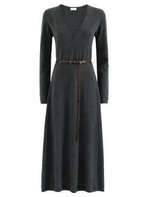Brunello Cucinelli Cashmere Belted Knit Dress With Monili Detail - Lead