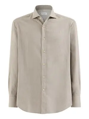 Brunello Cucinelli Stretch Cotton Chevron Flannel Shirt With Spread Collar - Stone Gray