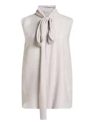 Brunello Cucinelli Lightweight Pussy Bow Knit Top - Grey