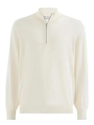 Brunello Cucinelli Sea Island Cotton And Cashmere Lightweight Sweater With Half Zip - Panama