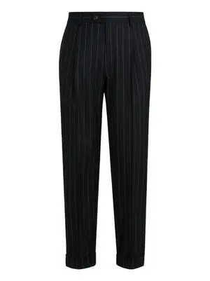Brunello Cucinelli Super 150s Virgin Wool Wide Chalk Stripe Batavia Trousers With Pleat - Black