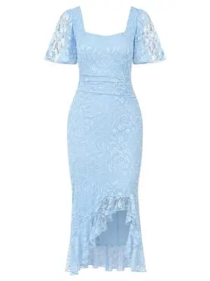 GIRL IN MIND Lace Ruched Midi Dress - Blue