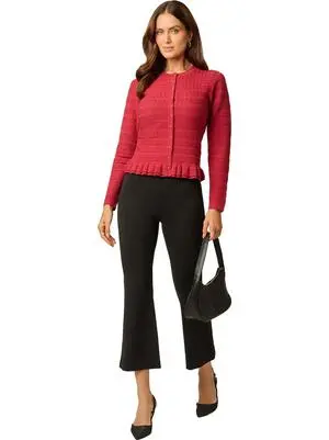 Adrianna Papell Long Sleeve Textured Ruffle Hem Cardigan Sweater - Garnet