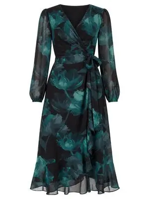 YUMI Floral Dipped Hem Wrap Midi Dress - Black