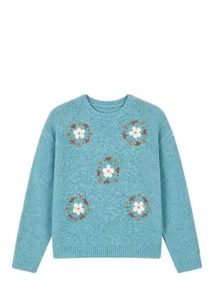 YUMI Floral Embroidered Relaxed Jumper - Blue