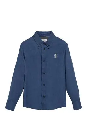 Brunello Cucinelli Cotton And Lyocell Chevron Flannel Shirt With Embroidery - Blue