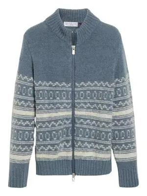 Brunello Cucinelli Alpaca, Cashmere And Wool Nordic Jacquard Cardigan With Zip - Blue