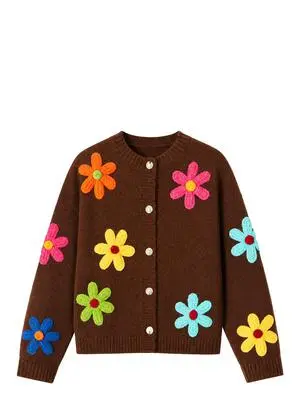 YUMI Knitted Flower Applique Cardigan - Brown