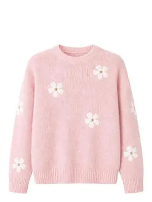 YUMI Relaxed Jumper With Crochet Flowers - Pink