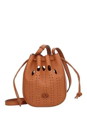 Valentino Garavani Medium Leather Bucket Bag With Perforations And Vlogo - Brown