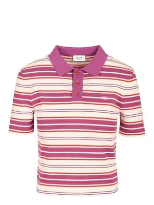 Celine Knitted Cotton Polo Shirt With Horizontal Stripes And Embroidered Triomphe Logo - Multicolor