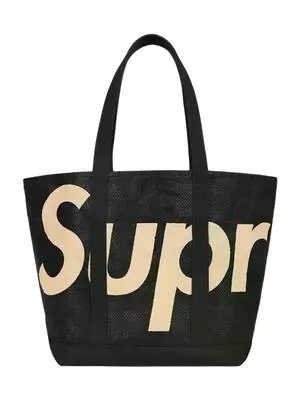 Supreme Logo-print Raffia Tote Bag - Black