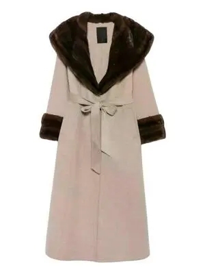 LISKA Fur-trim Belted Coat - Neutrals