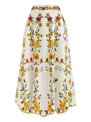 Farm Rio Lemon Bouquet Scalloped-hem Midi Skirt - Neutrals