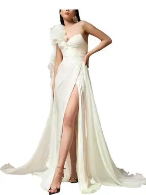 IRIS SERBAN Renee Floral-appliqué One-shoulder Gown - White