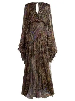 Etro Silk Long Dress With Ruffles And Paisley Motif - Brown