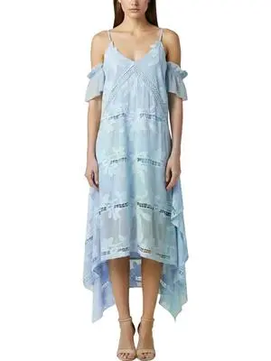 SELF-PORTRAIT Midi Guipure Lace Cold-shoulder Dress - Blue