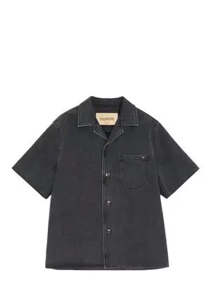 Valentino Garavani Denim Bowling Shirt With Vgold - Grey