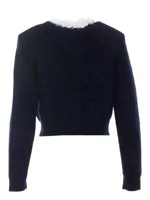 SELF-PORTRAIT Navy Flower Pearl Trim Knit Jumper - Blue