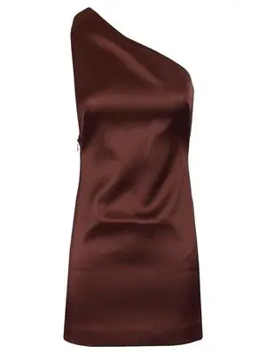 SELF-PORTRAIT Satin Mini Dress With Asymmetrical Neckline - Brown