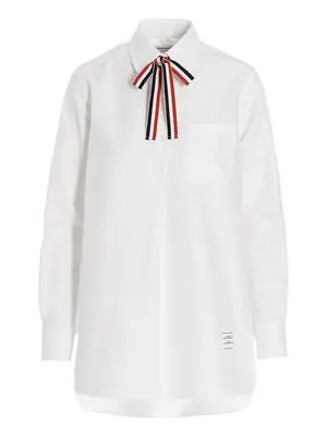 Thom Browne THOM BROWNE Logo Pussy Bow Blouse White