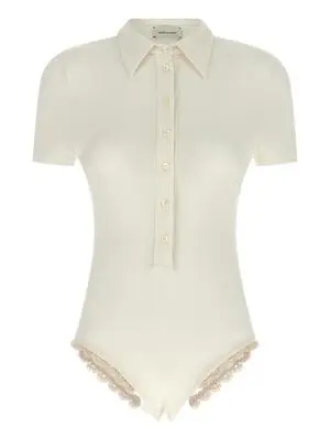 Magda Butrym Crochet-trimmed Polo Bodysuit - White