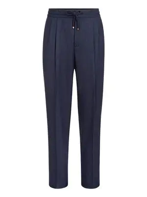 Brunello Cucinelli Virgin Wool Pleated Drawstring Trousers - Blue