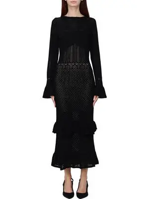 TWINSET Openwork Knit Midi Sheath Dress With Long Sleeves And Ruffles - Black