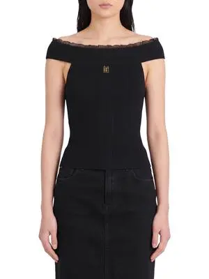 Elisabetta Franchi Off-the-shoulder Ribbed Knit Top With Metal Logo - Black