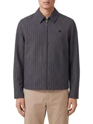 Burberry Pinstriped Wool Shirt Jacket With Embroidered Logo - Grey