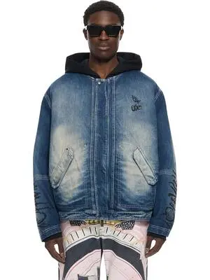 Off-White Cherry Embroidered Hooded Denim Jacket - Blue