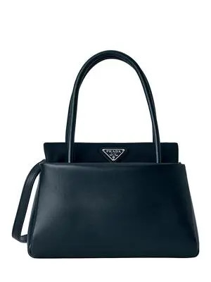 Prada Smooth Leather Handbag With Re-nylon Flap - Black