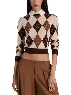 Alice + Olivia Carolann Wool Blend Crewneck Sweater With Cotton Stretch Collar - Camel/multi