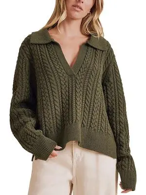 Splendid Cable Knit Polo Sweater - Pine