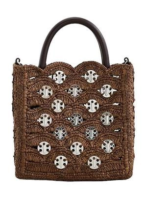 Rabanne Small Raffia Tote Bag With Signature 1969 Discs - Brown/silver