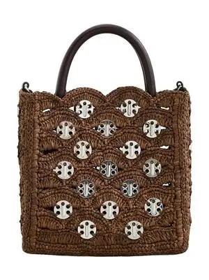 Rabanne Small Raffia Tote Bag With Signature 1969 Discs - Brown/silver