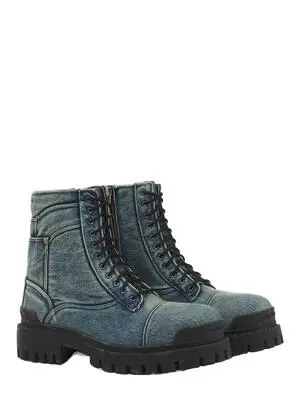 Balenciaga Combat Strike Denim Lace-up Boots - Blue