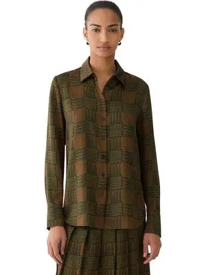 Lafayette 148 New York Glen Plaid Print Silk Button Front Blouse - Forest Multi