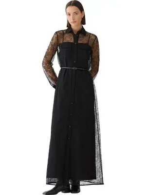 Lafayette 148 New York Chantilly Lace Belted Shirt Dress - Black